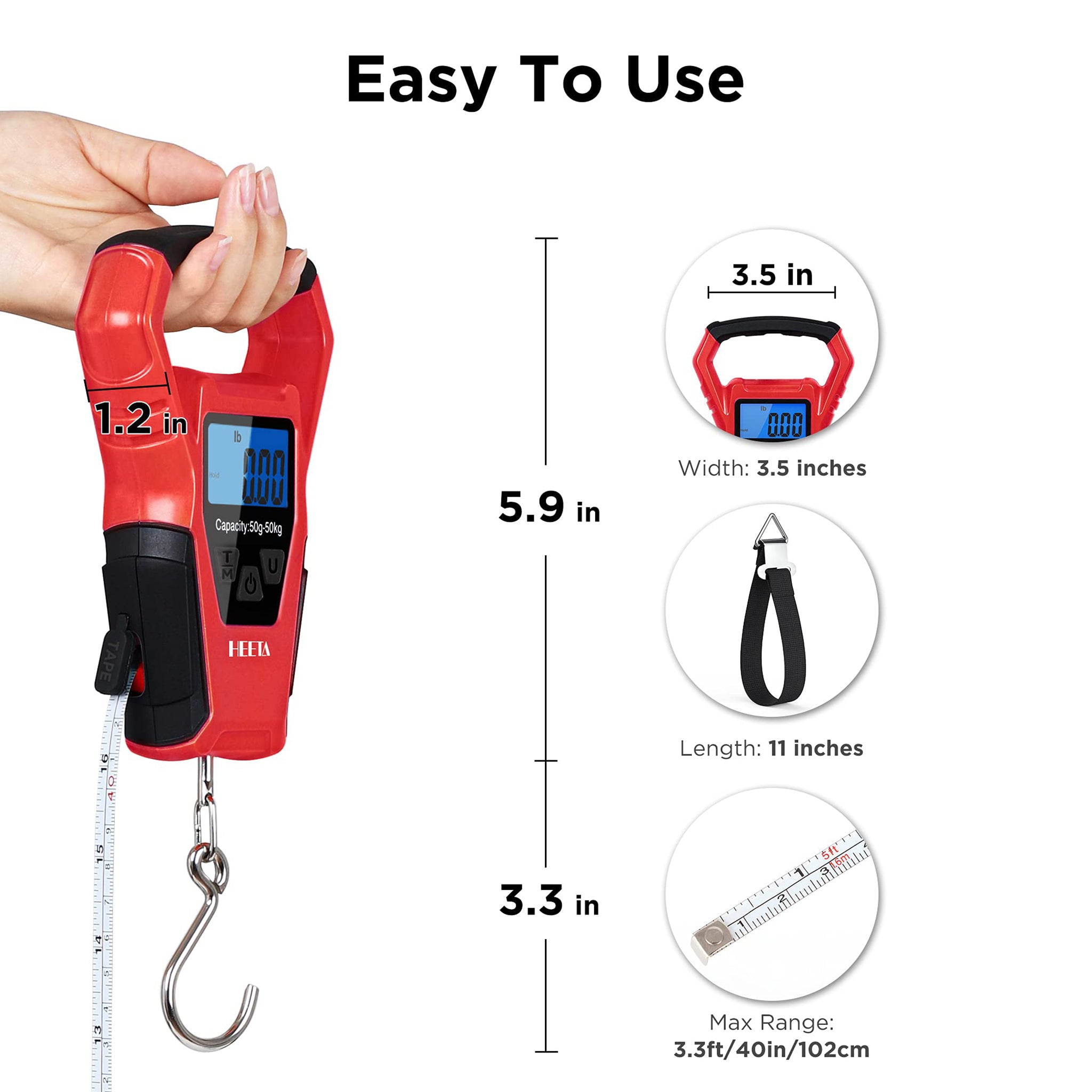 HEETA Waterproof Fish Scale Digital with Backlit LCD Display, 110lb/50 ...